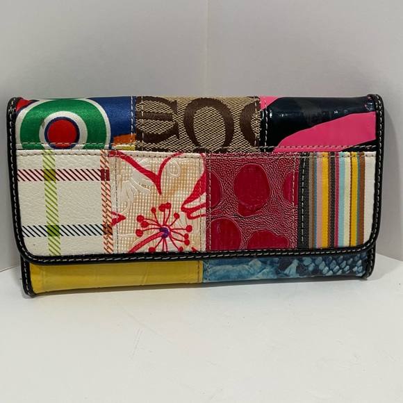 Bags | Trifold Patchwork Wallet Clutch Black Leather Checkbook Cover ...